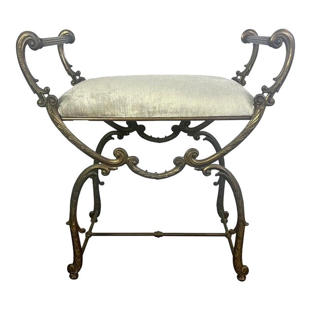 Brass Scrolled Velvet Upholstered Vanity Bench | Chairish