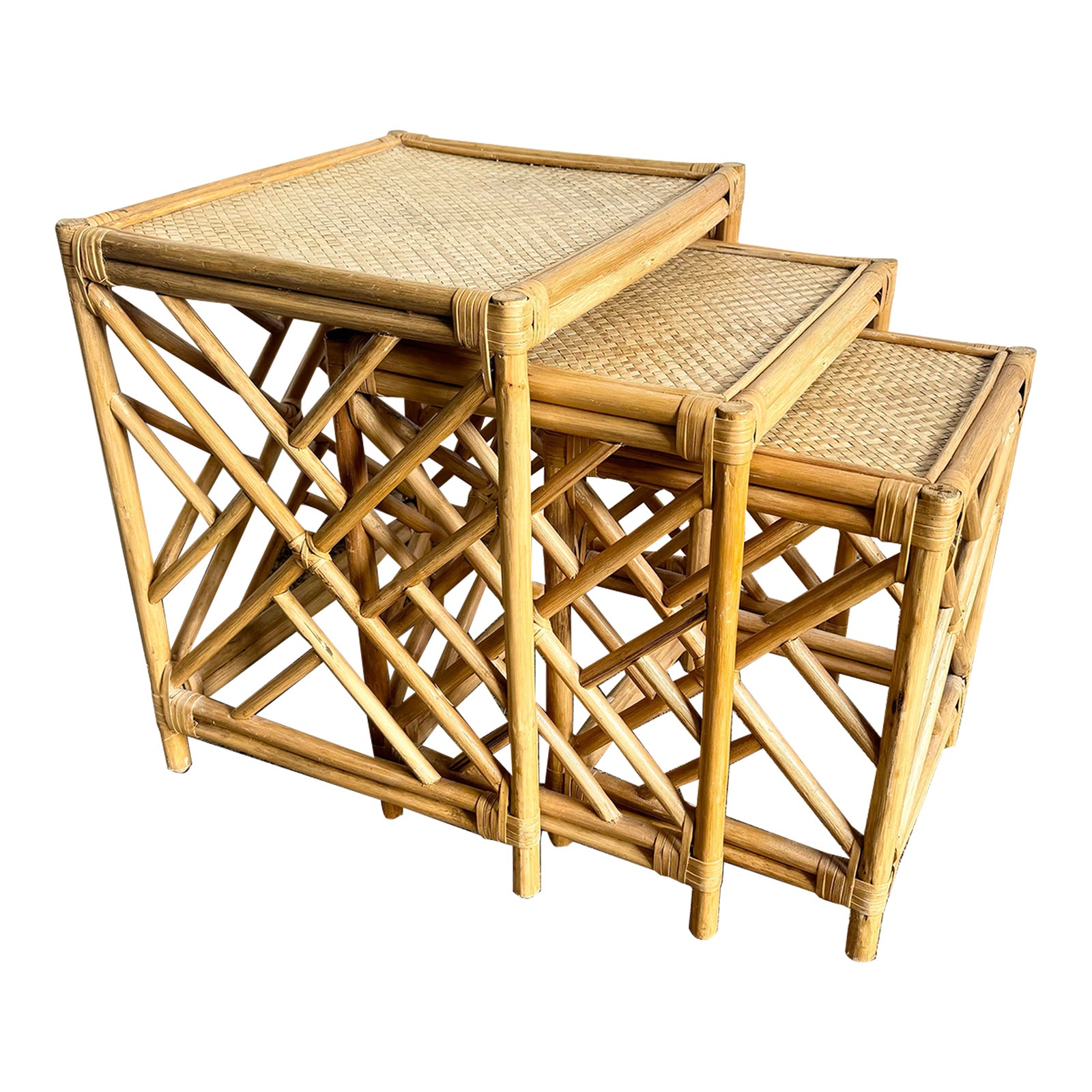 Boho Chic Chippendale Style Rattan and Wicker Nesting Tables - Set of 3 ...
