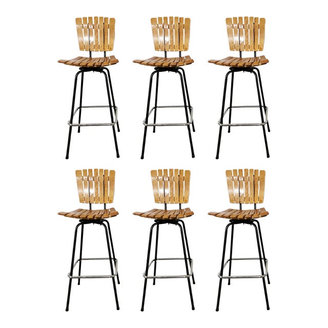 Vintage Arthur Umanoff Style Slatted Teak Wood and Iron Bar Stool ...