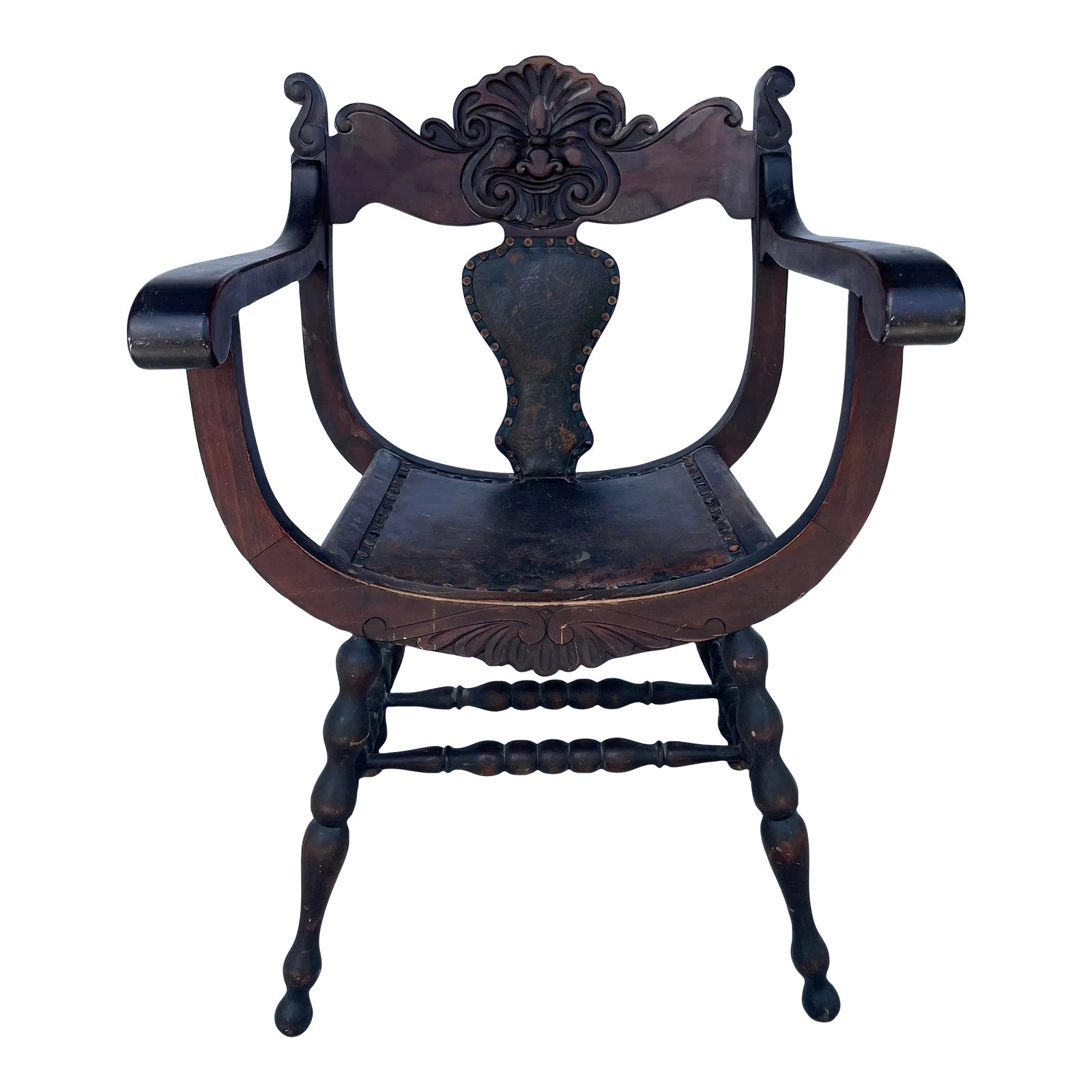 Antique Stomps-Burkhardt Carved Mahogany & Leather Saddle Hall Chair ...