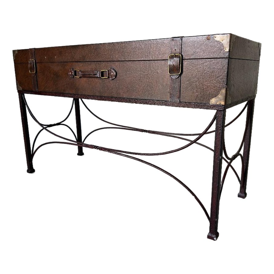 1980s Vintage Ralph Lauren Style Leather Suitcase Console Table With ...