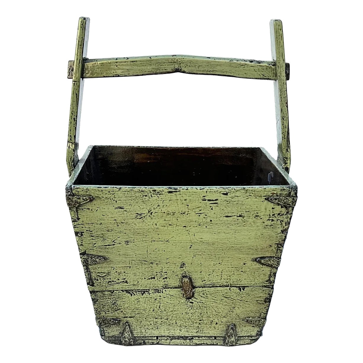 Vintage Rustic Light Fade Green Square With Handle Wood Bucket | Chairish