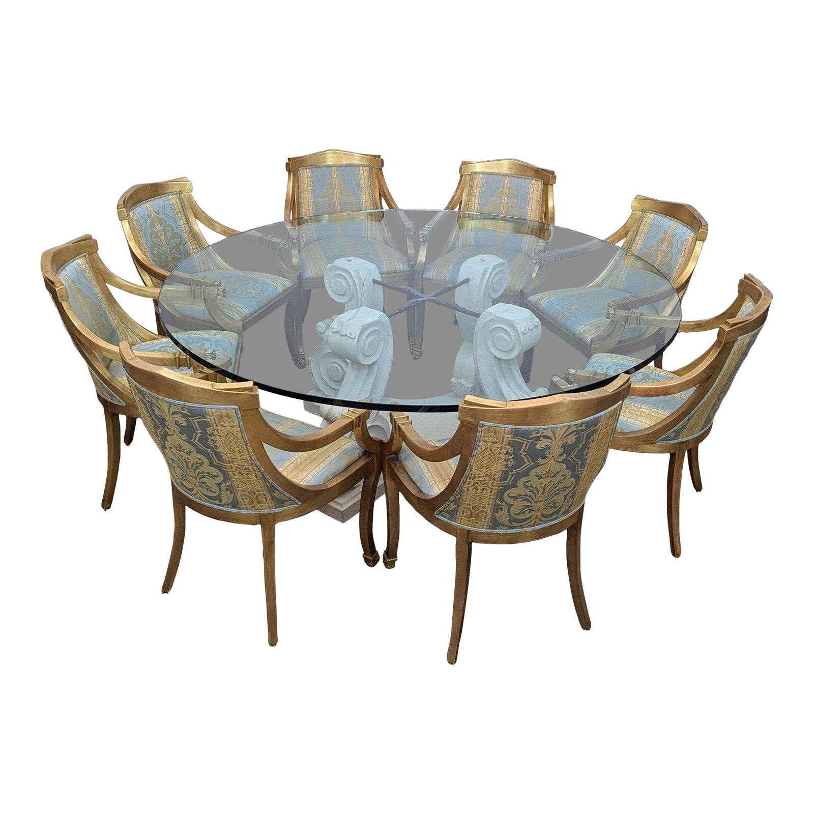 1990s Vintage Glass and Stone Dining Table With 8 Chairs - Set of 10 ...