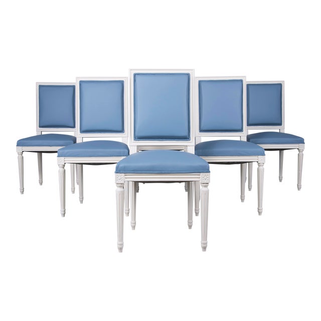 French Louis XVI Style Painted Square Back Dining Chairs W/ Blue Vinyl ...