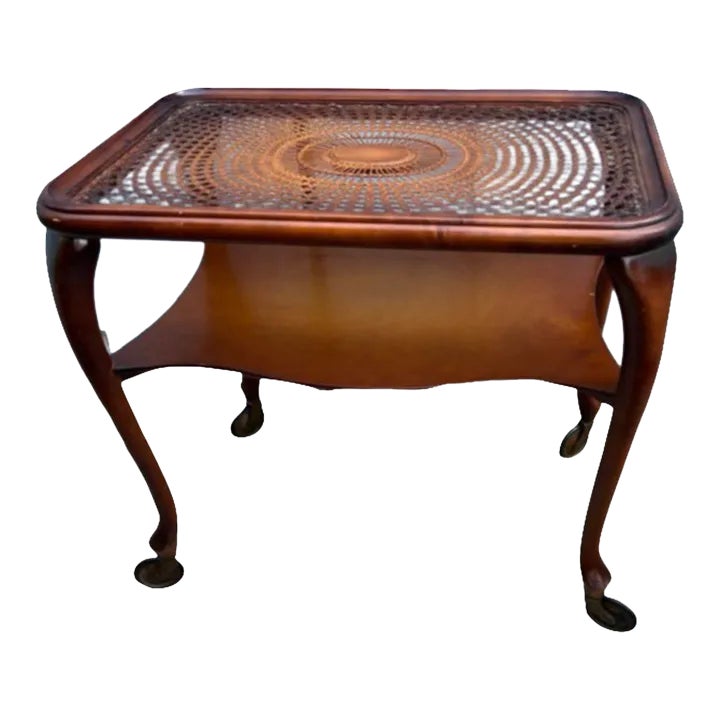 Mid 20th Century Vintage Cane Top Rolling Side Table | Chairish