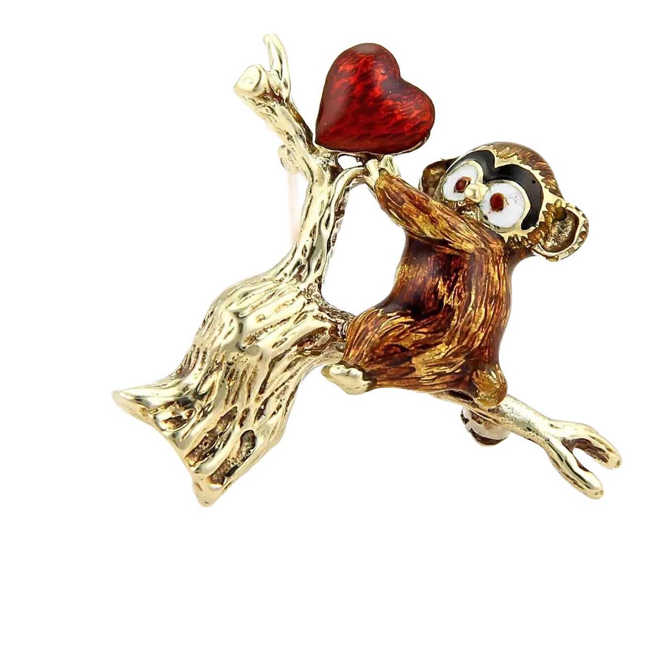 Enamel 14k Gold Baby Koala Bear in Tree & Heart Brooch | Chairish
