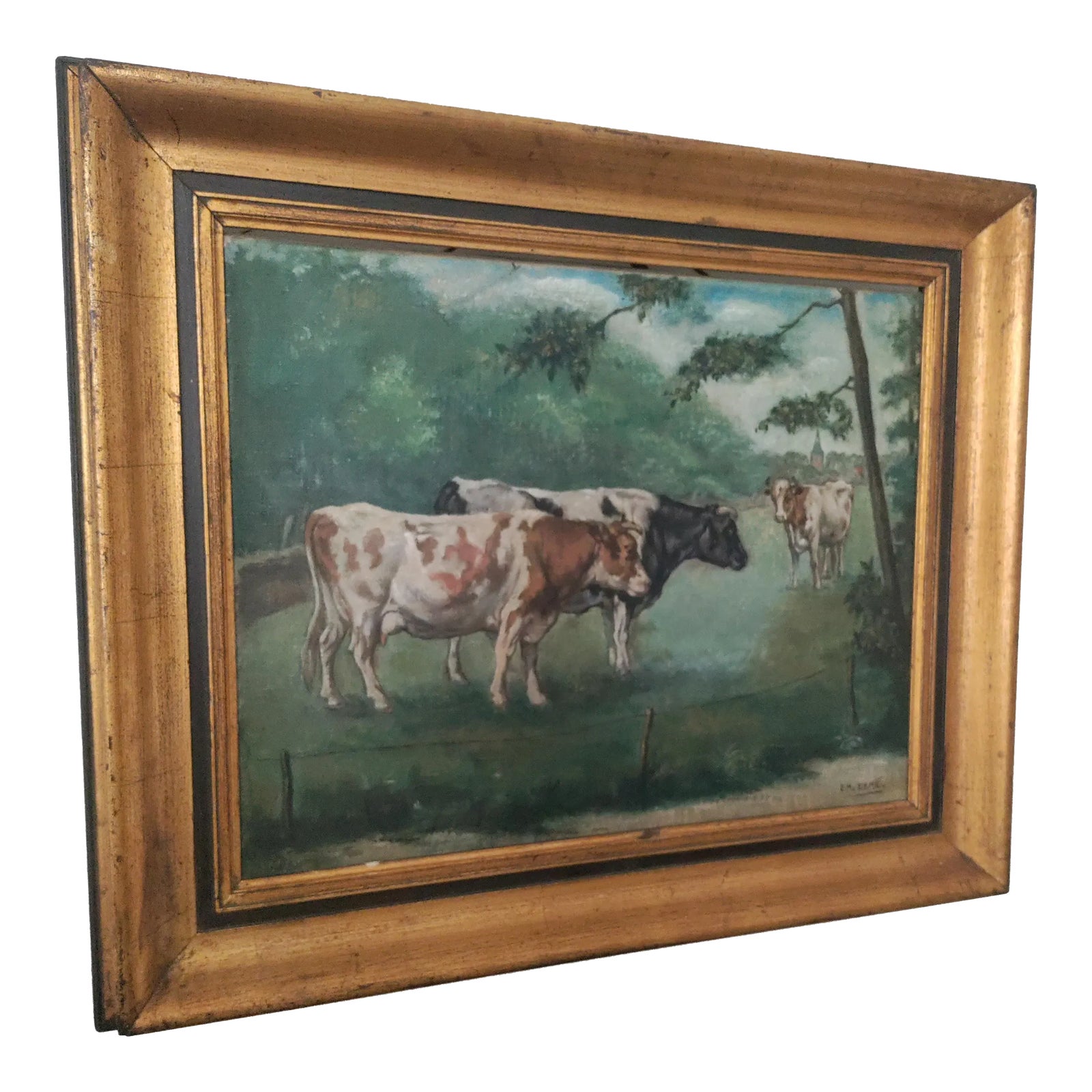 1940s Landscape on Meadow With Cows Oil Painting, Framed | Chairish