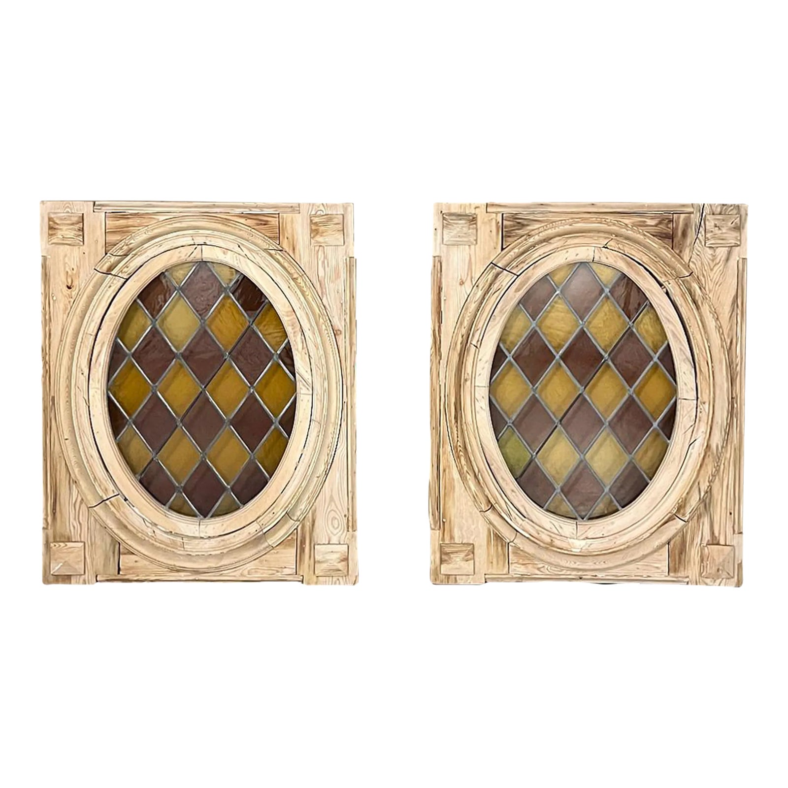 Pair 19th Century Framed Oval Stained Glass Windows | Chairish
