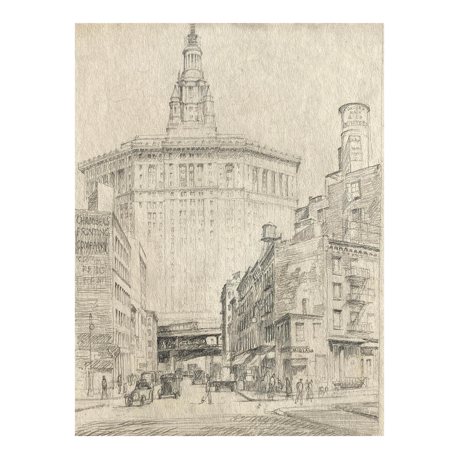 Antique Earl McKinney New York City Downtown Drawing | Chairish
