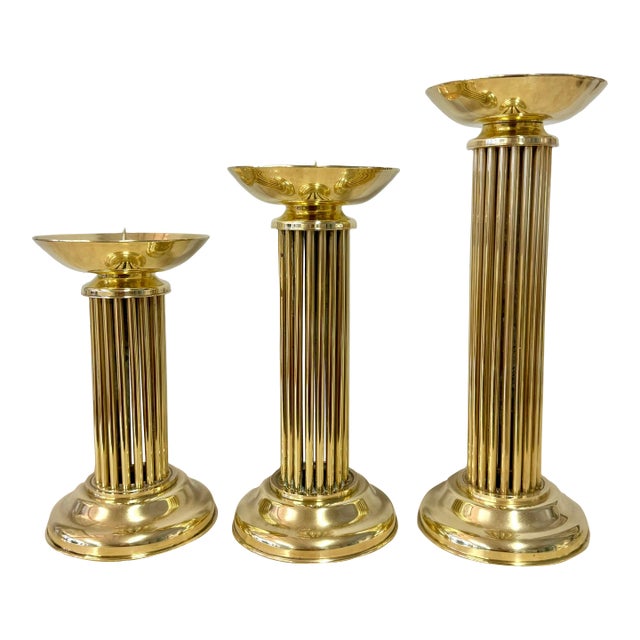 Vintage Brass Pedestal Pillar Candle Holders - Set of 3 | Chairish