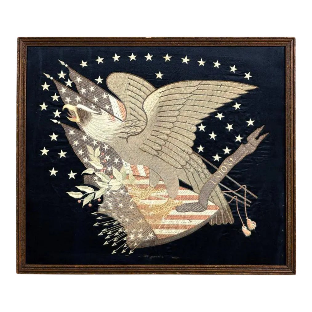 Antique Japanese Export Silk Embroidery Panel of American Union | Chairish