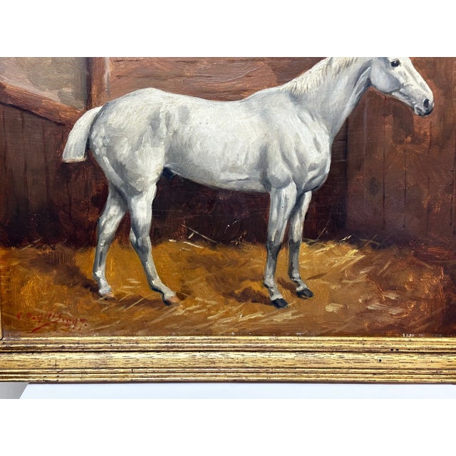 British Oil Painting of a Victorian White Horse in Stable by Godfrey ...