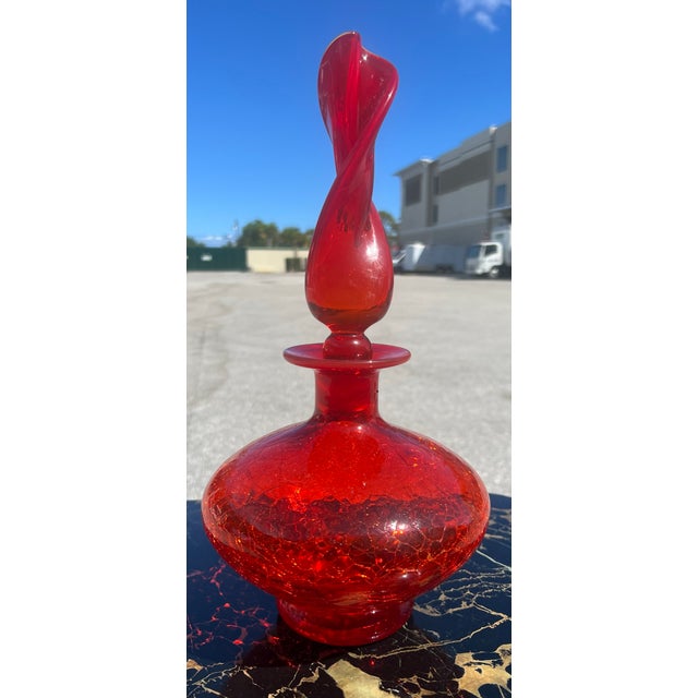 Vintage Red Crackle Glass Decanter With Twist Topper | Chairish