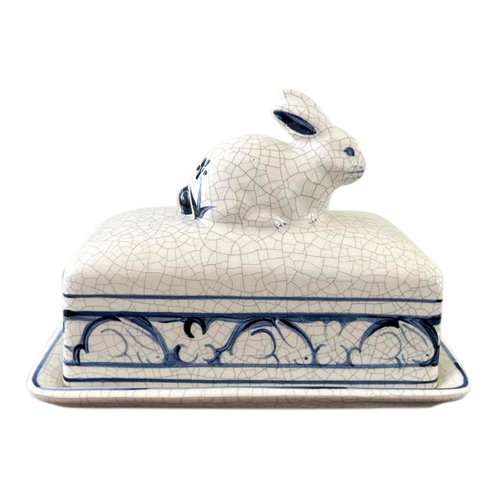 1990s Dedham Pottery Blue and White Courching Bunny Rabbit Butter Dish ...