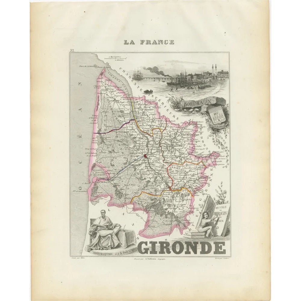 Map of Gironde in France with Bordeaux Wine Region by Vuillemin, 19th ...