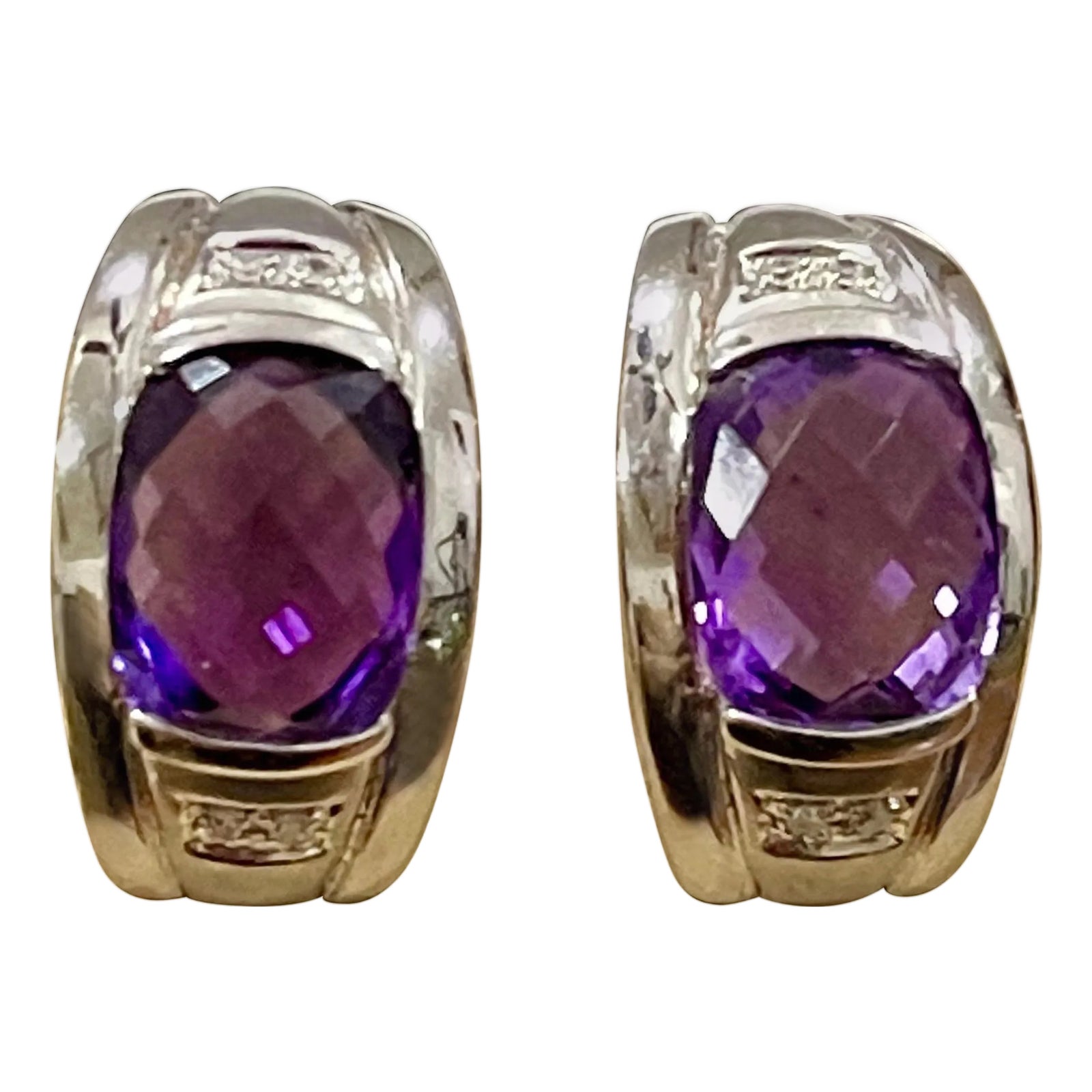 6 Carat Amethyst and Diamond 14 Karat White Gold Earrings, Omega Back ...