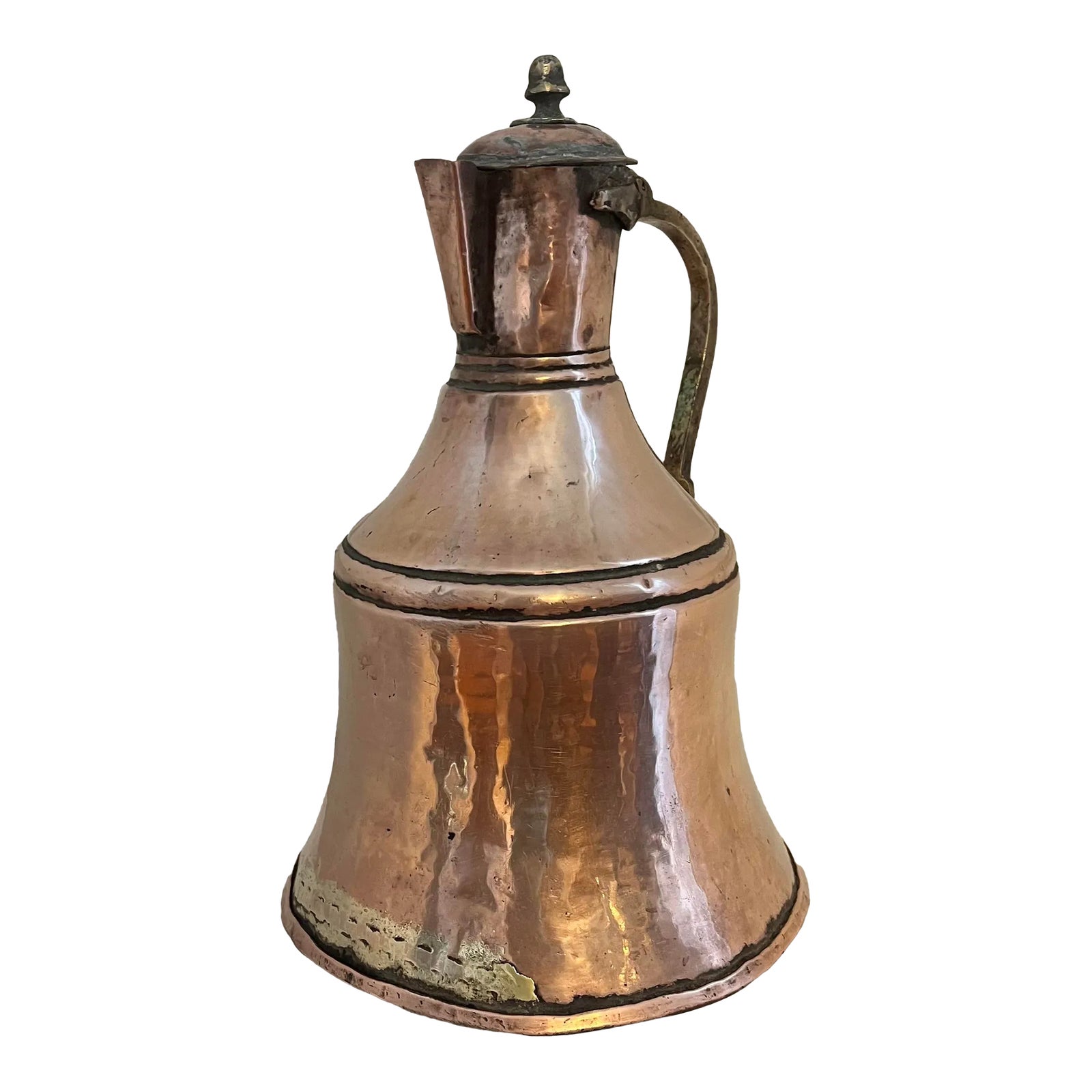 Vintage Large Bell Shaped Spouted Copper Pot Hand Hammered With Brass ...