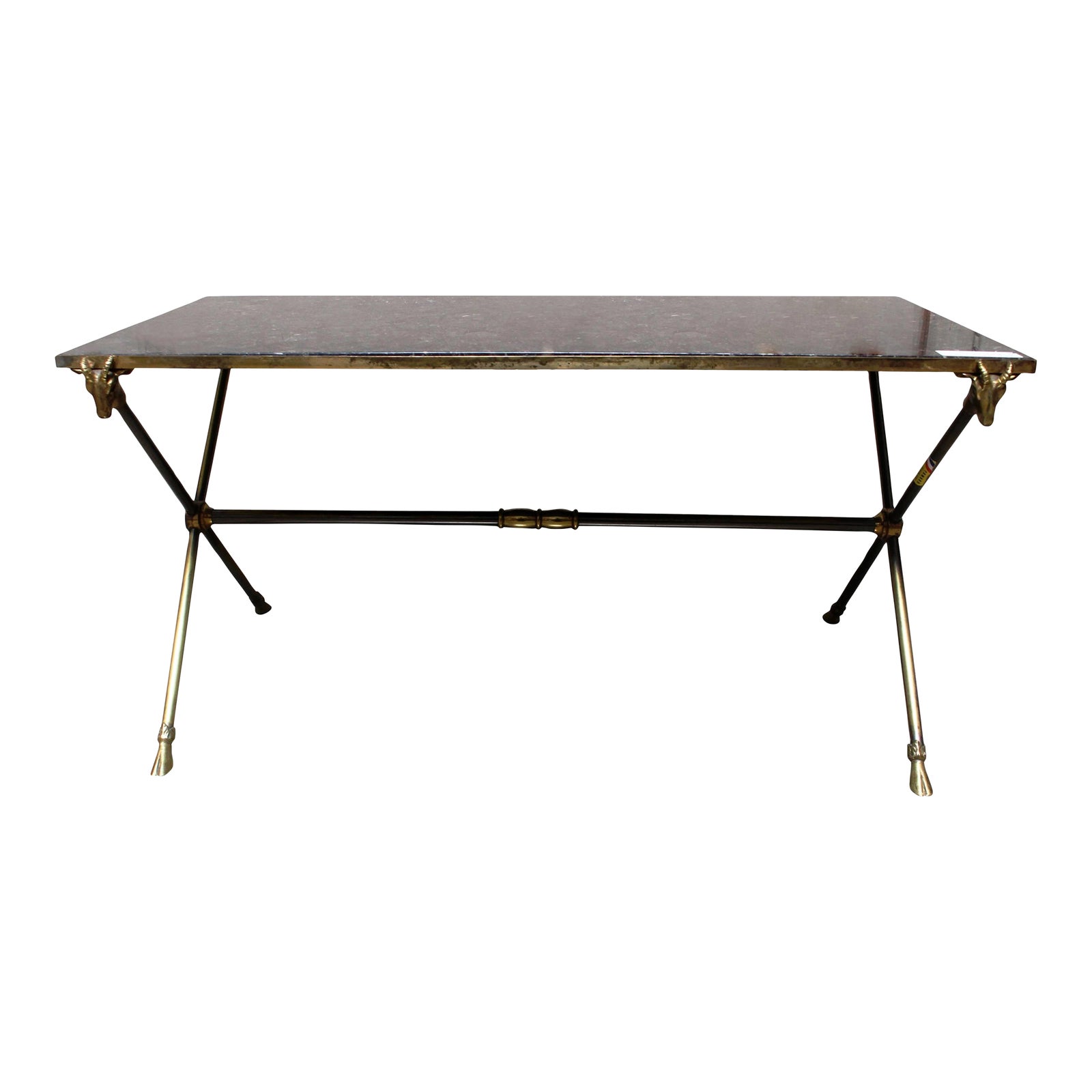 French Bronze Coffee Table with Grey Stone Top and Rams Heads | Chairish