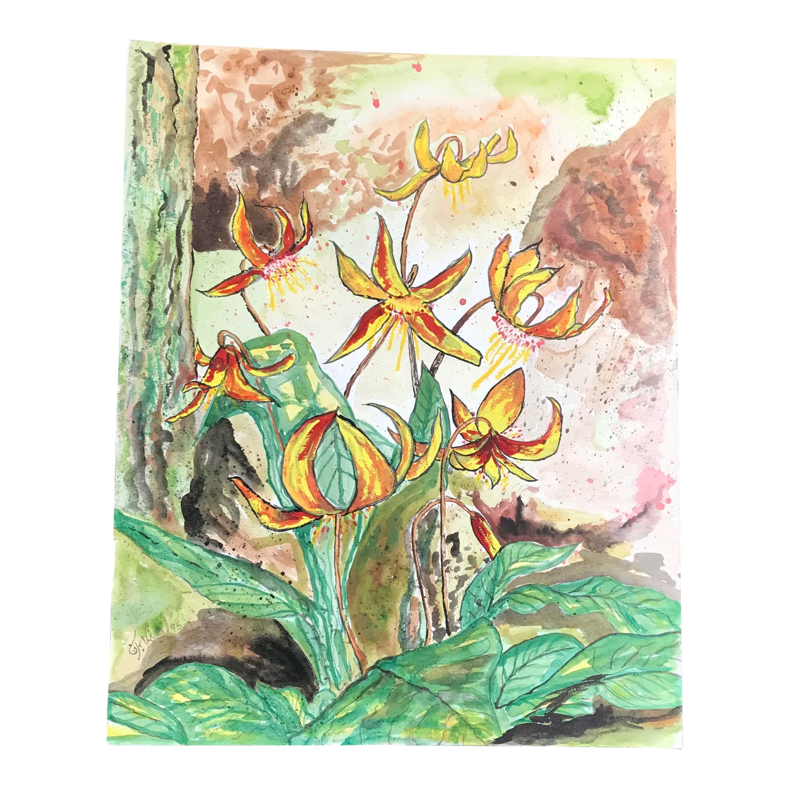 1990s Yellow Lilies Botanical Watercolor Painting - Signed Original ...