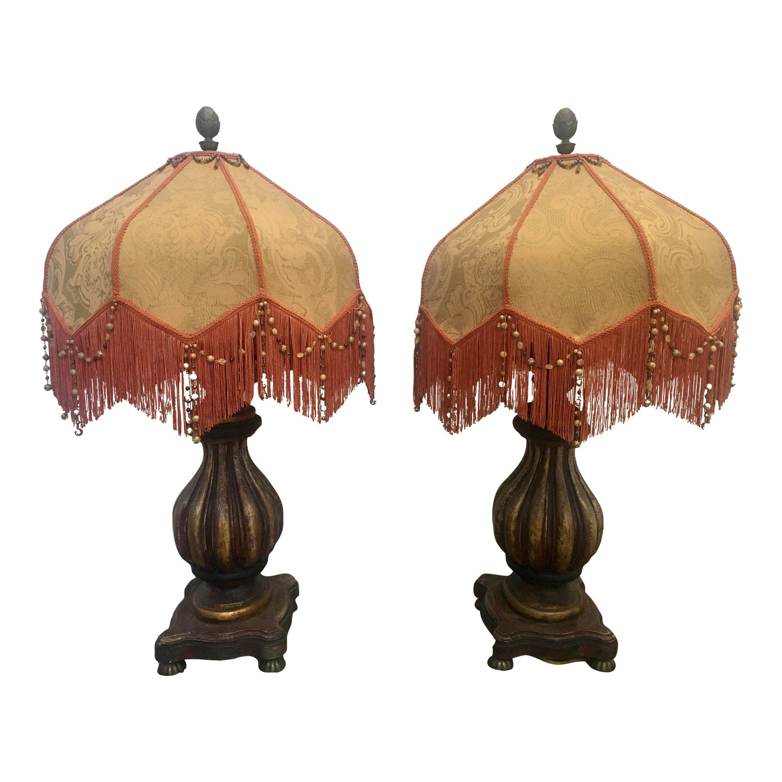 Painted Wood Victorian Table Lamps With Beaded Silk Shades - a Pair ...