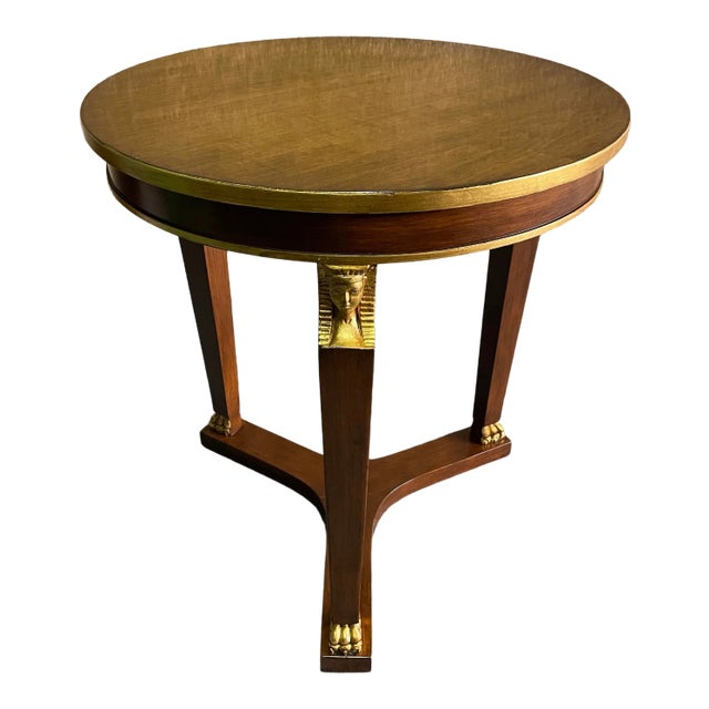 Vintage Round Eqyptian Revival Empire Style Accent Table W/Guilded Carvings | Chairish
