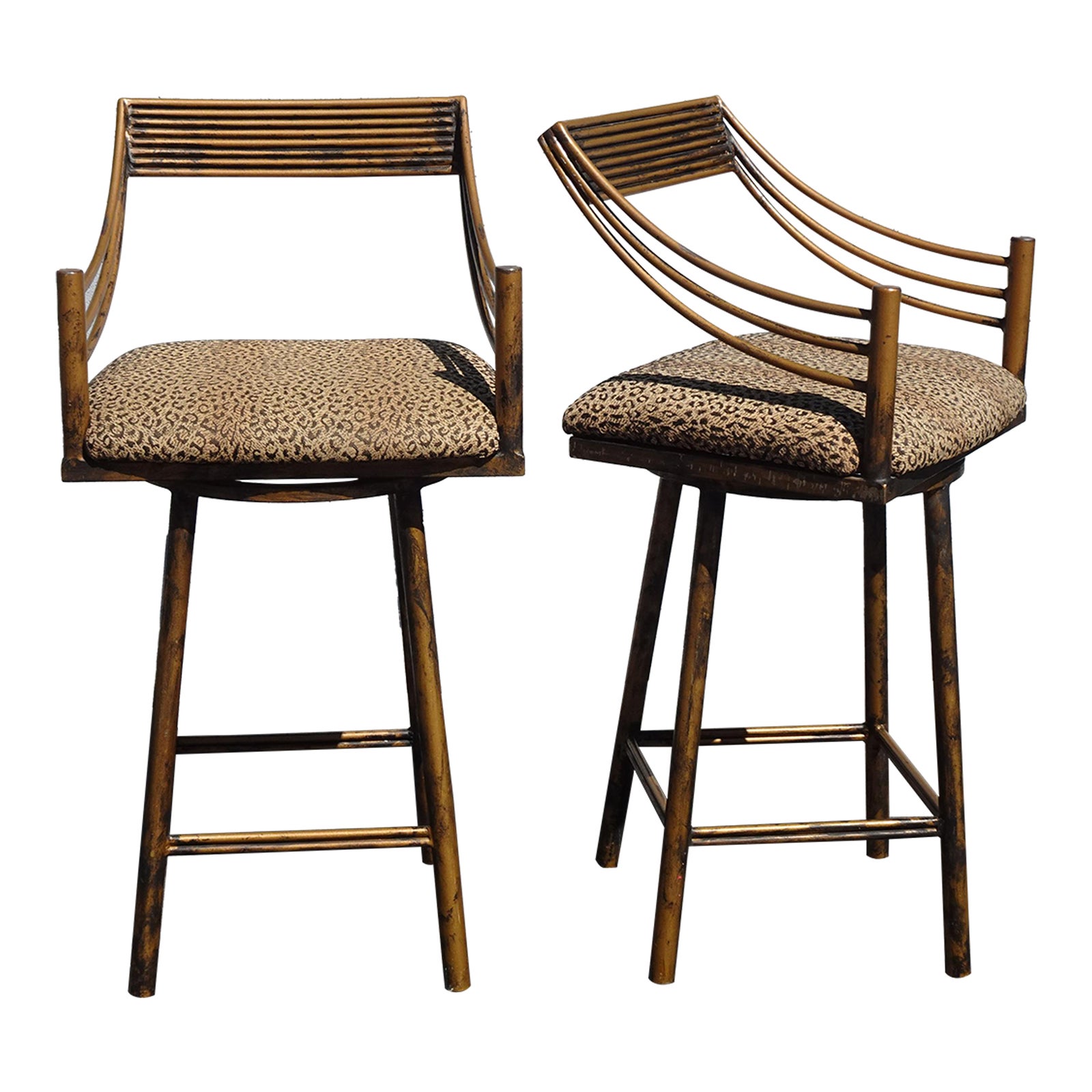 Vintage Pair of Leopard Print Metal Frame Swivel Bar Stools | Chairish