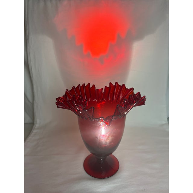 Vintage Blenko Ruby Red Crimped Edge Pedestal Vase | Chairish