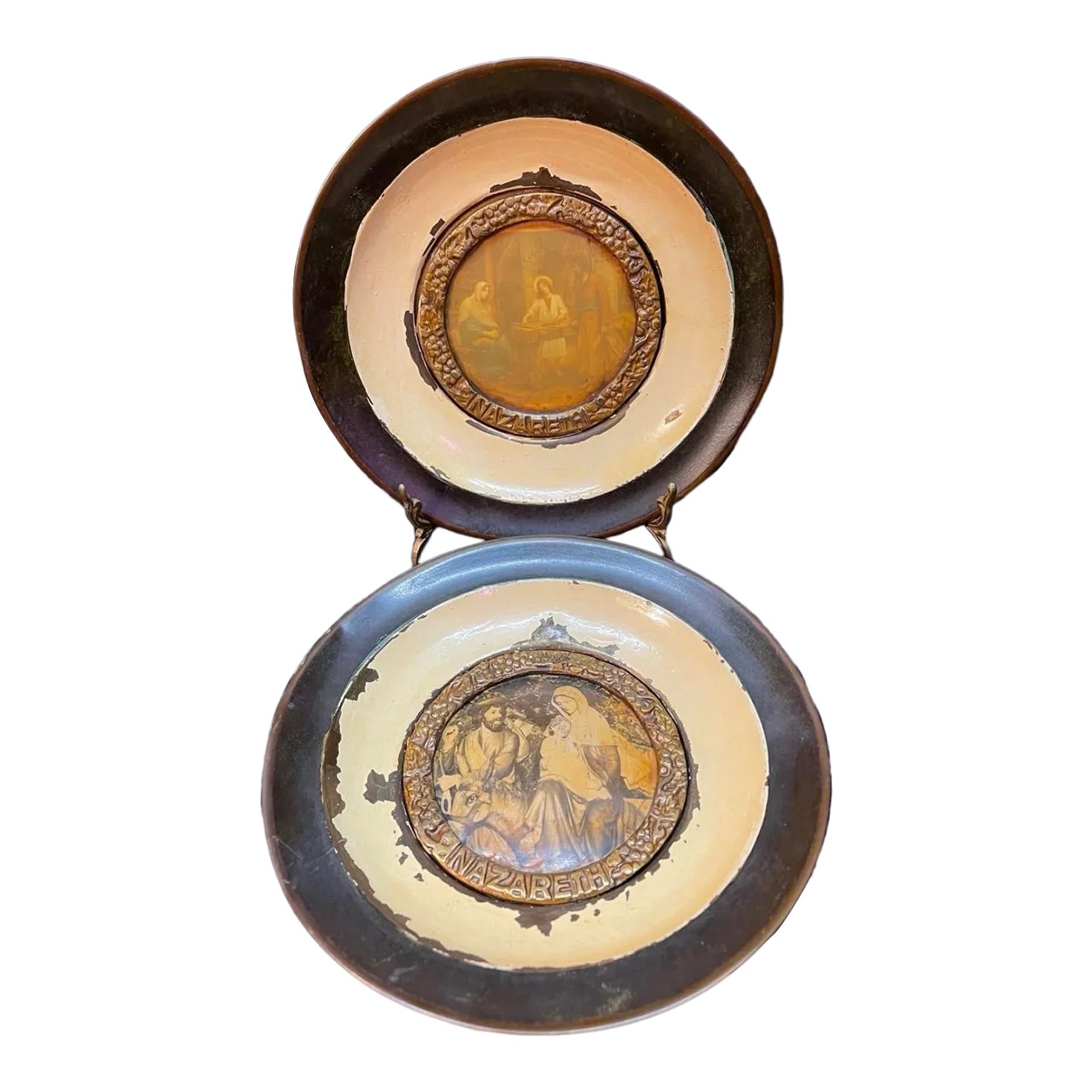 Antique Copper & Enamel Plates Wall Decor Jesus Modonna Nazareth- Set ...