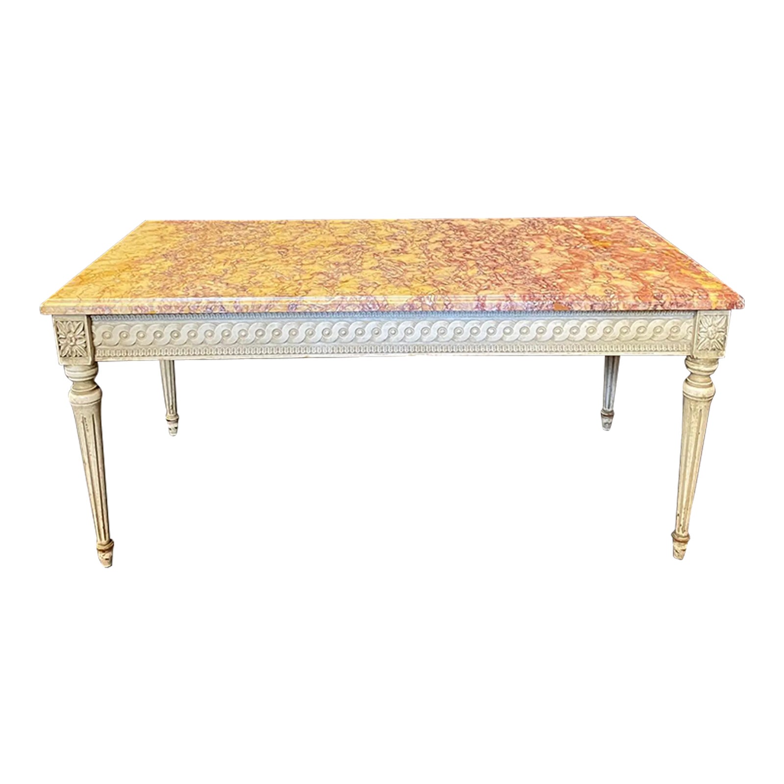 French Louis XVI Creamy Wood Marble Top Coffee Table | Chairish