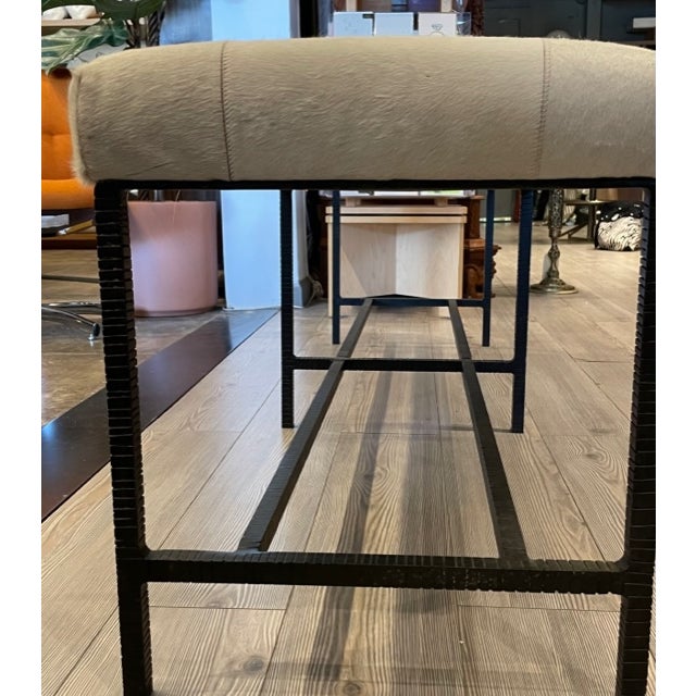 Contemporary Hair on Hide Bench With Chiseled Wrought Iron Base | Chairish