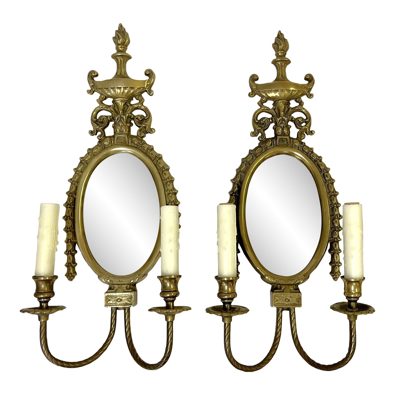 Vintage 2-Candle Electrified French Brass Wall Sconces With Beveled ...