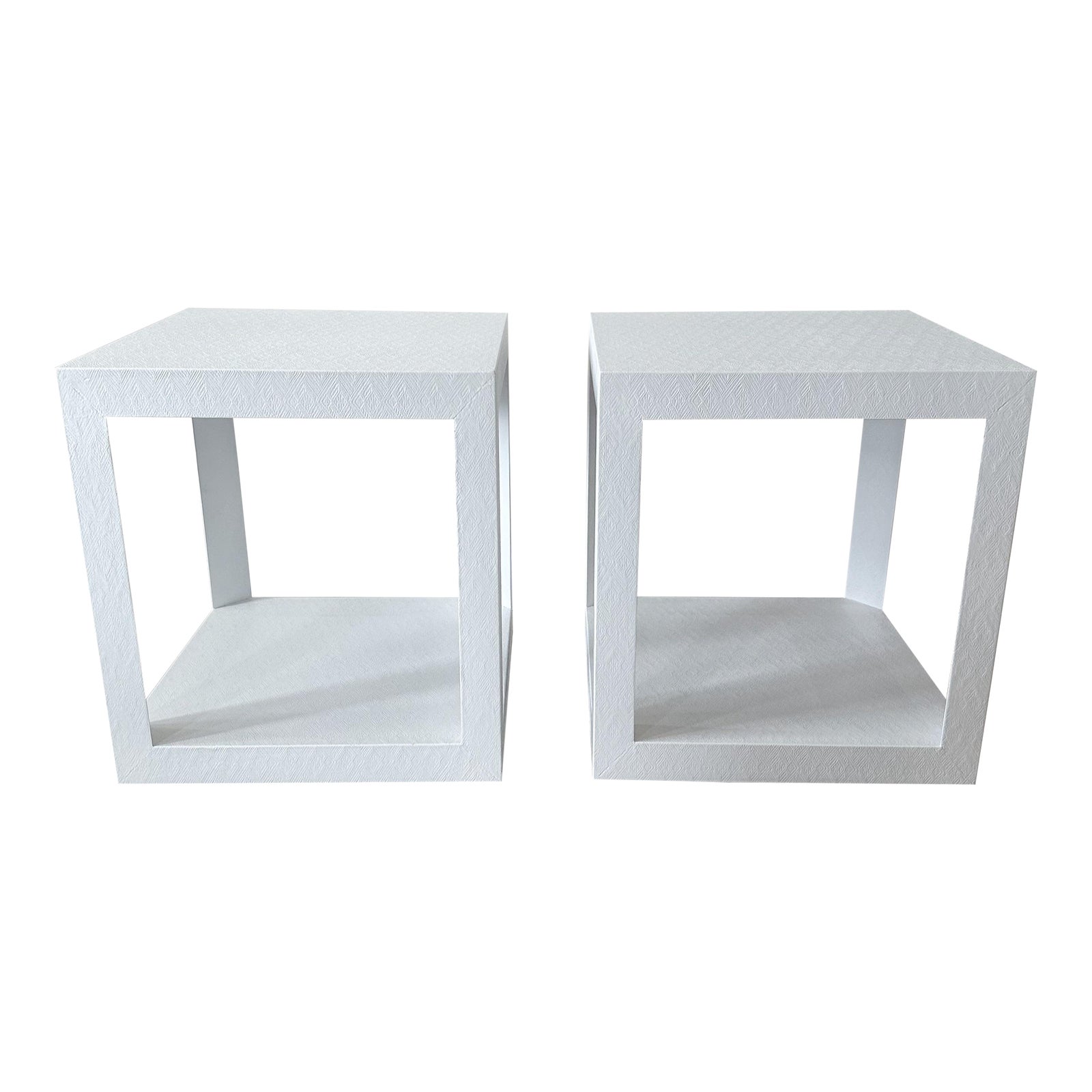 Pair 1970's Linen Wrapped White Lacquered Side Tables | Chairish