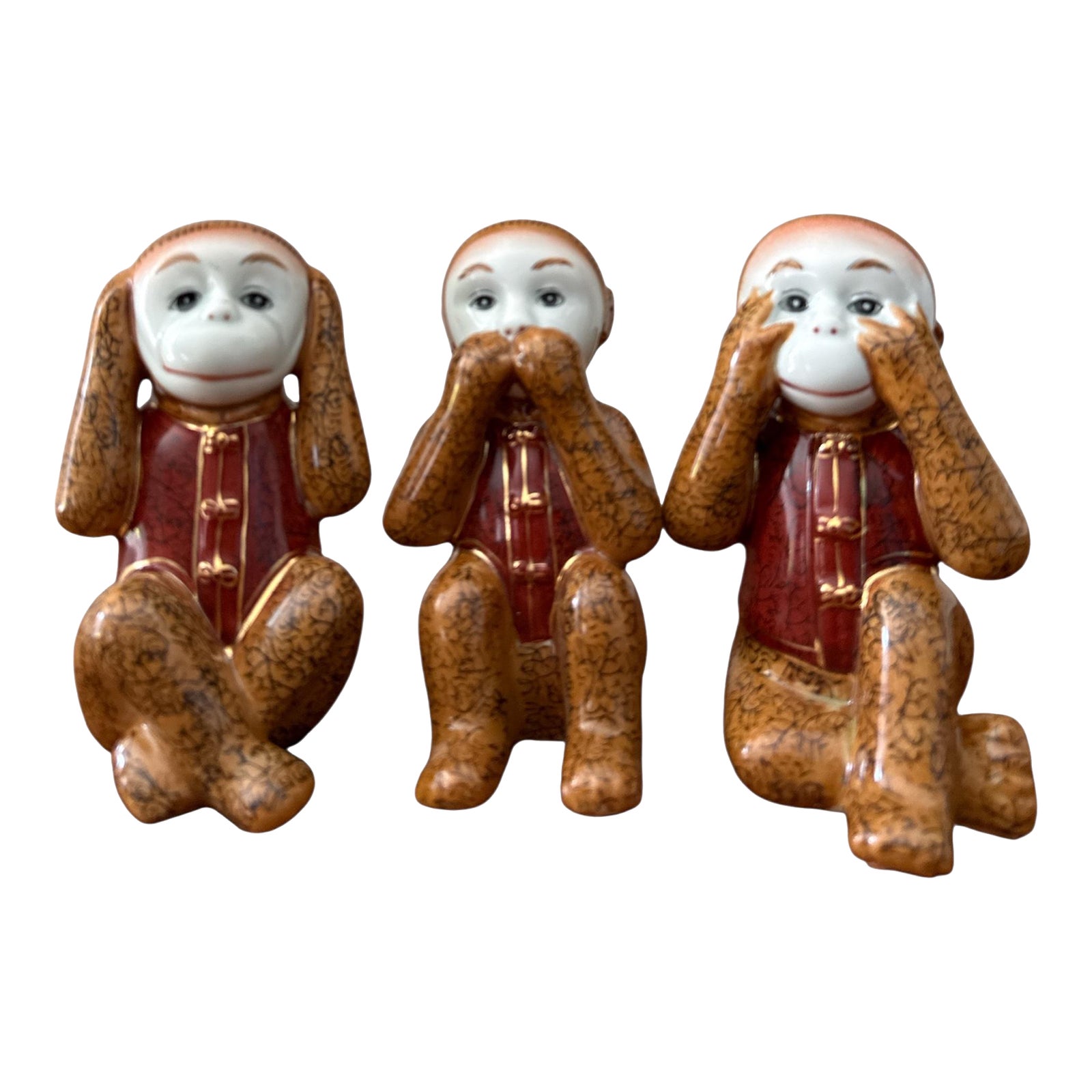 Vintage Chinese Export Porcelain Chinoiserie “See No Evil, Hear No Evil ...