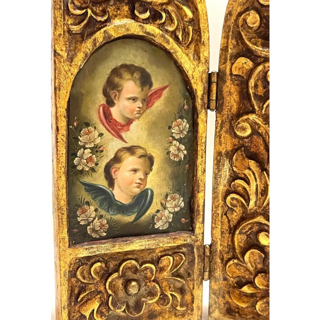 19th C. Spanish Colonial Carved Giltwood Triptych of Virgin Mary & Christ Child | Chairish