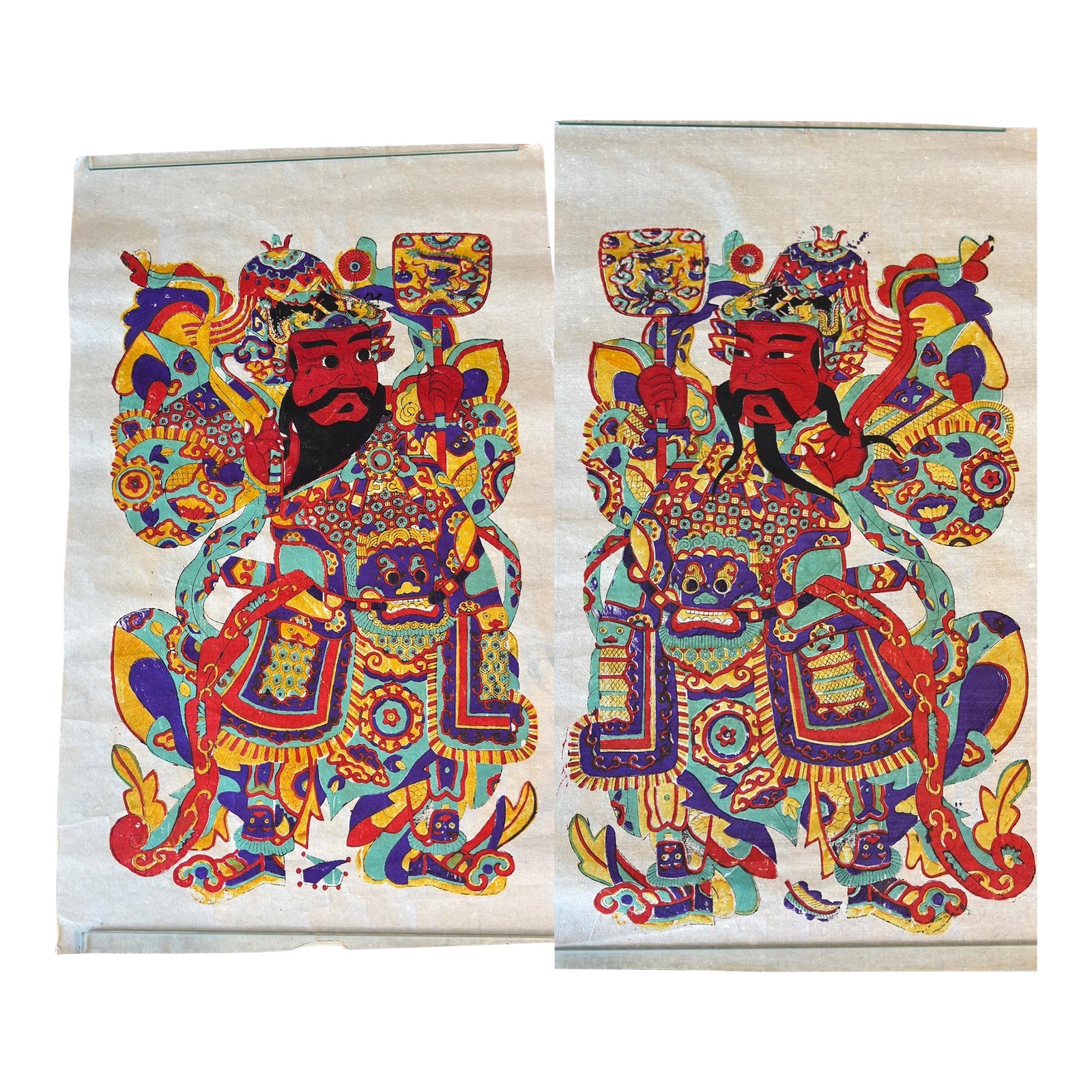 1980s Chinese Nianhua Wood Block Print Door Gods, Shentu & Yulei. Set ...