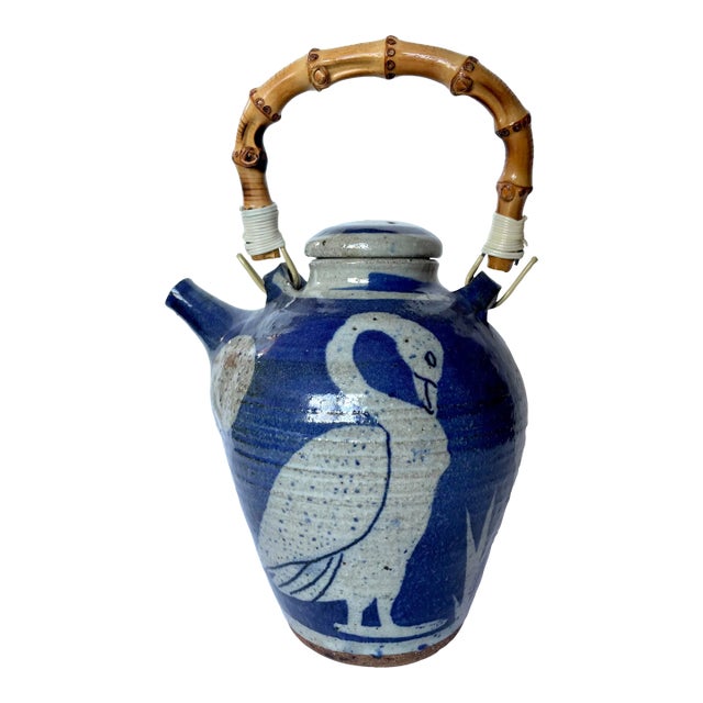 Vintage Studio Pottery With Goose Motive Tea Pot With Bamboo Handle ...