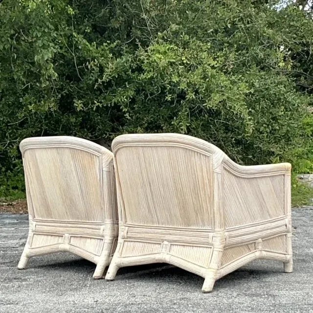 Vintage Coastal Washed Pencil Reed Lounge Chairs - a Pair | Chairish