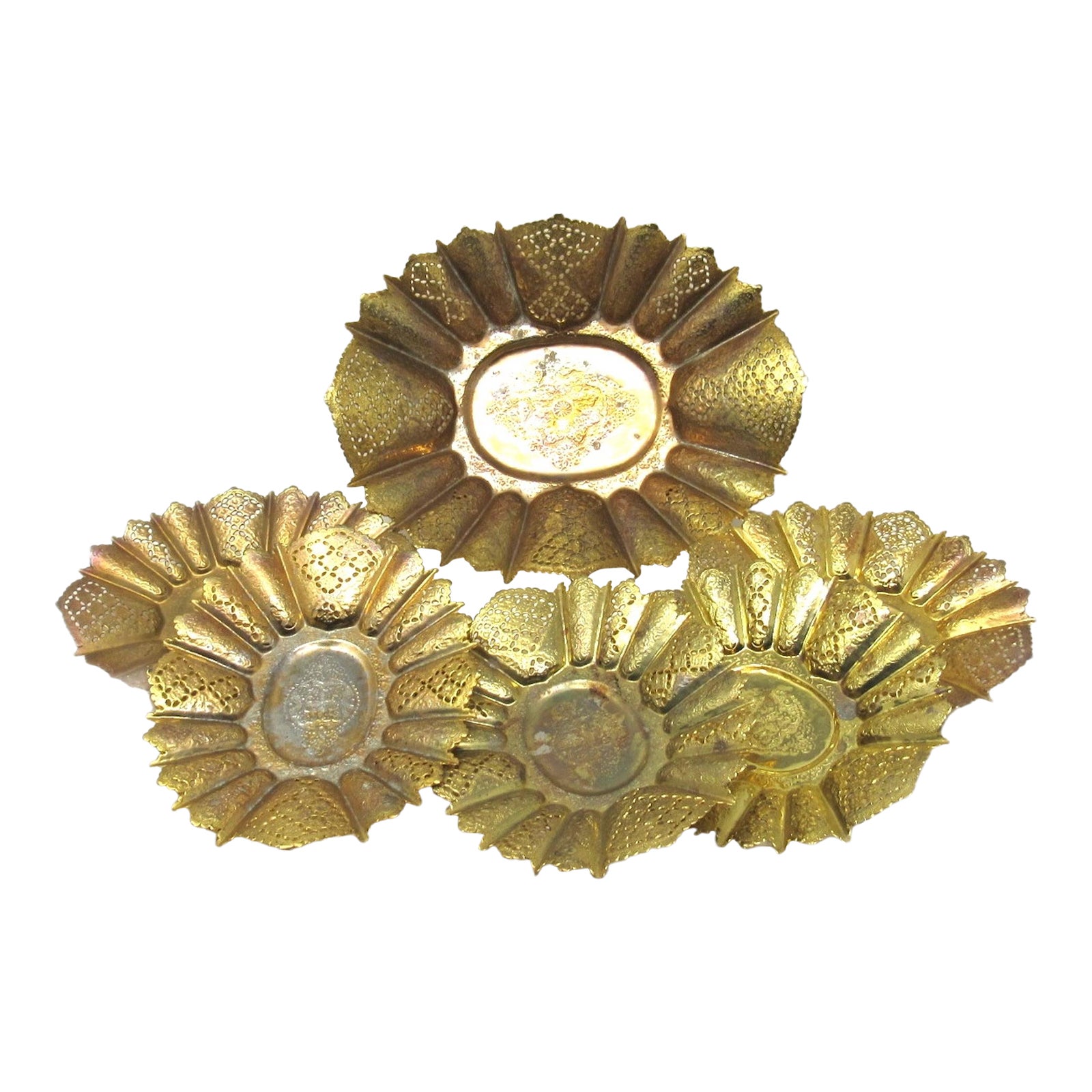 Vintage Hammered and Pierced Brass Footed Serving Platter and Matching ...