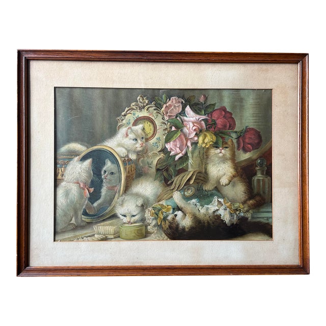 Antique Victorian Framed Lithograph of Kittens on Vanity | Chairish