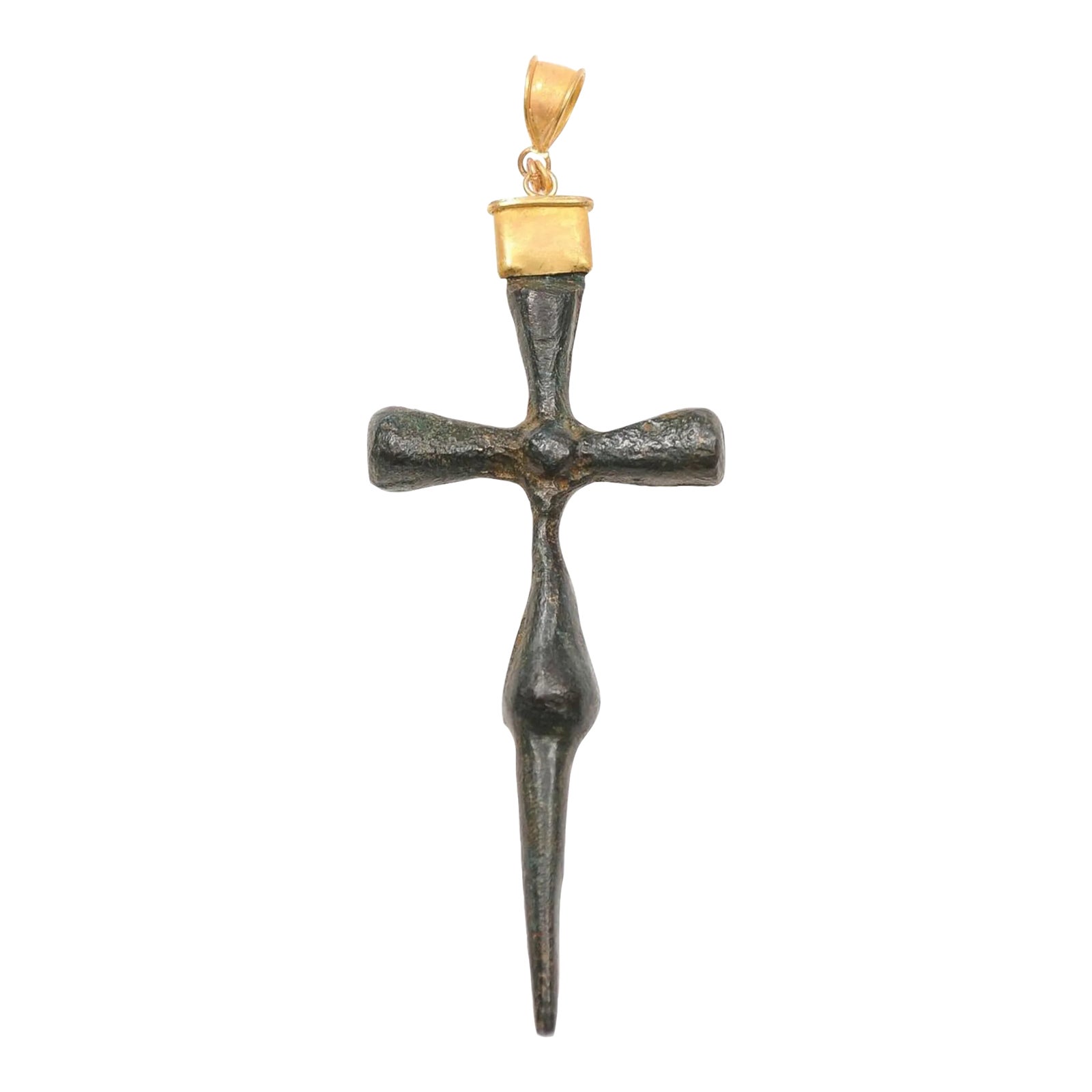 Antique Slender Bronze cross with 21K gold accents | Chairish