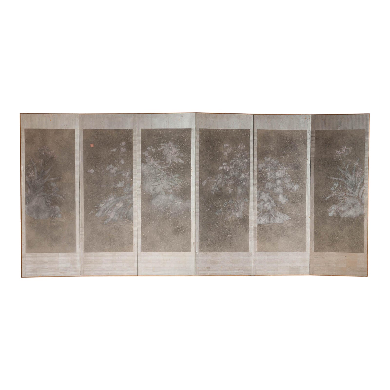 Sung Tze-Chin Korin Flowers on Silver Foil 6-Panel Screen by Lawrence ...