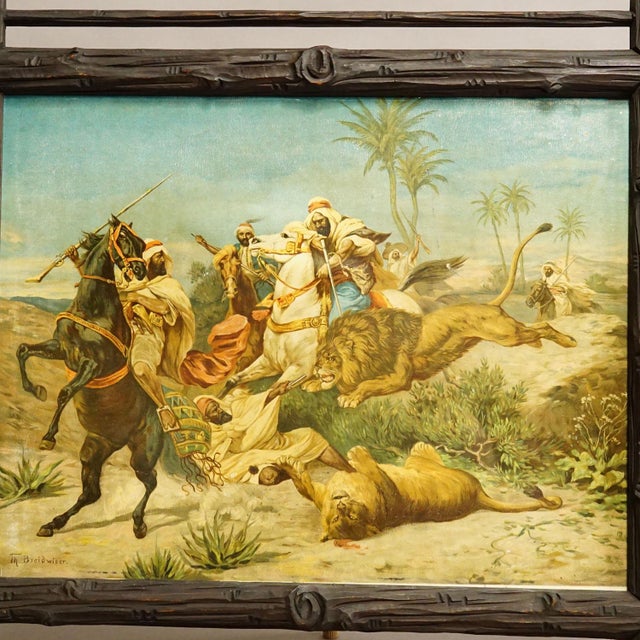 Antique Oil Print With Dramatic Lion Hunting Scene in Arabia 19th ...