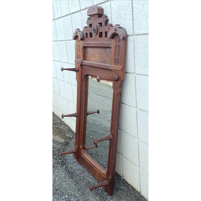 1880s Eastlake Walnut Wall Mirror With Hats Pegs | Chairish