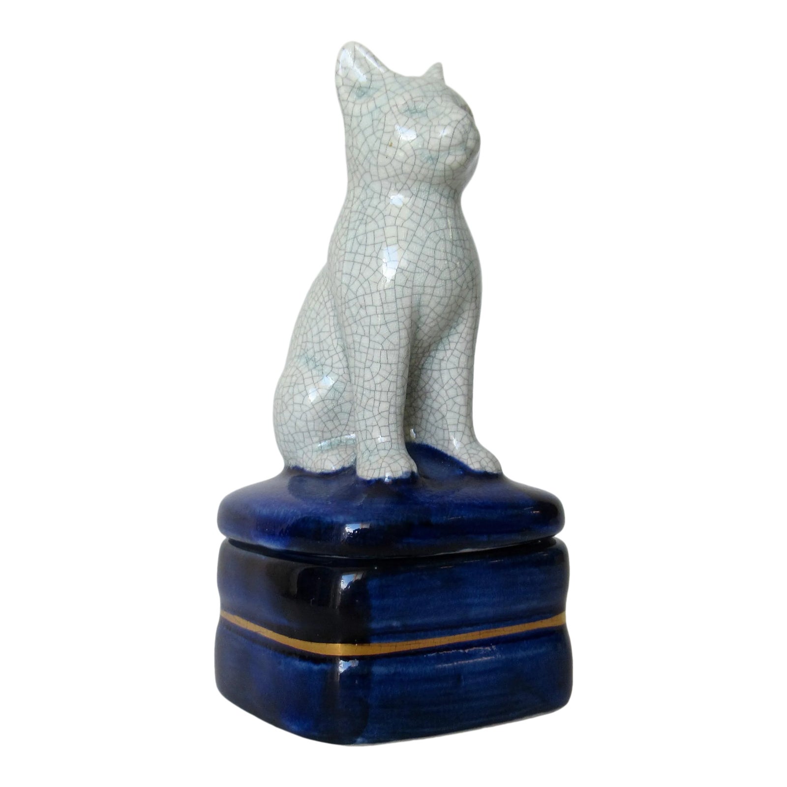 C.1960's Vintage Porcelain Ceramic Crackle Cat Lidded Keepsake Box ...