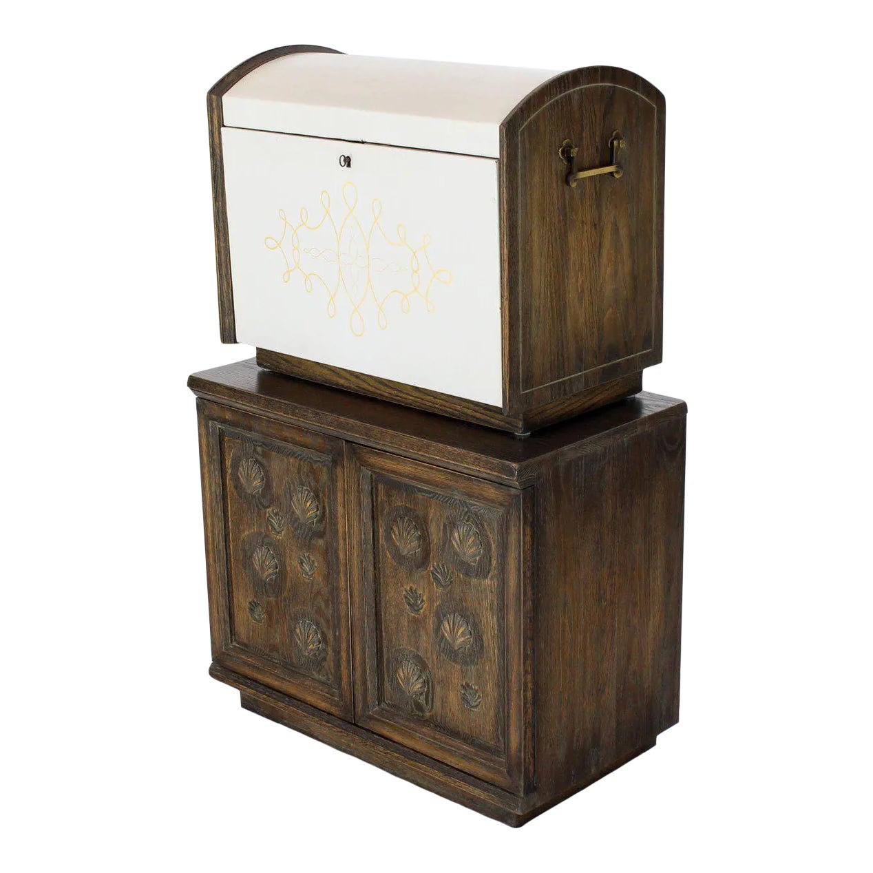 Cerused Carved Scallop Oak Leather Wrapped Campaign Portable Secretary ...