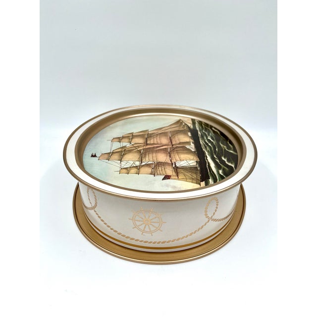 1976 Large Nautical Tole Biscuit Tin Featuring Clipper Ships | Chairish