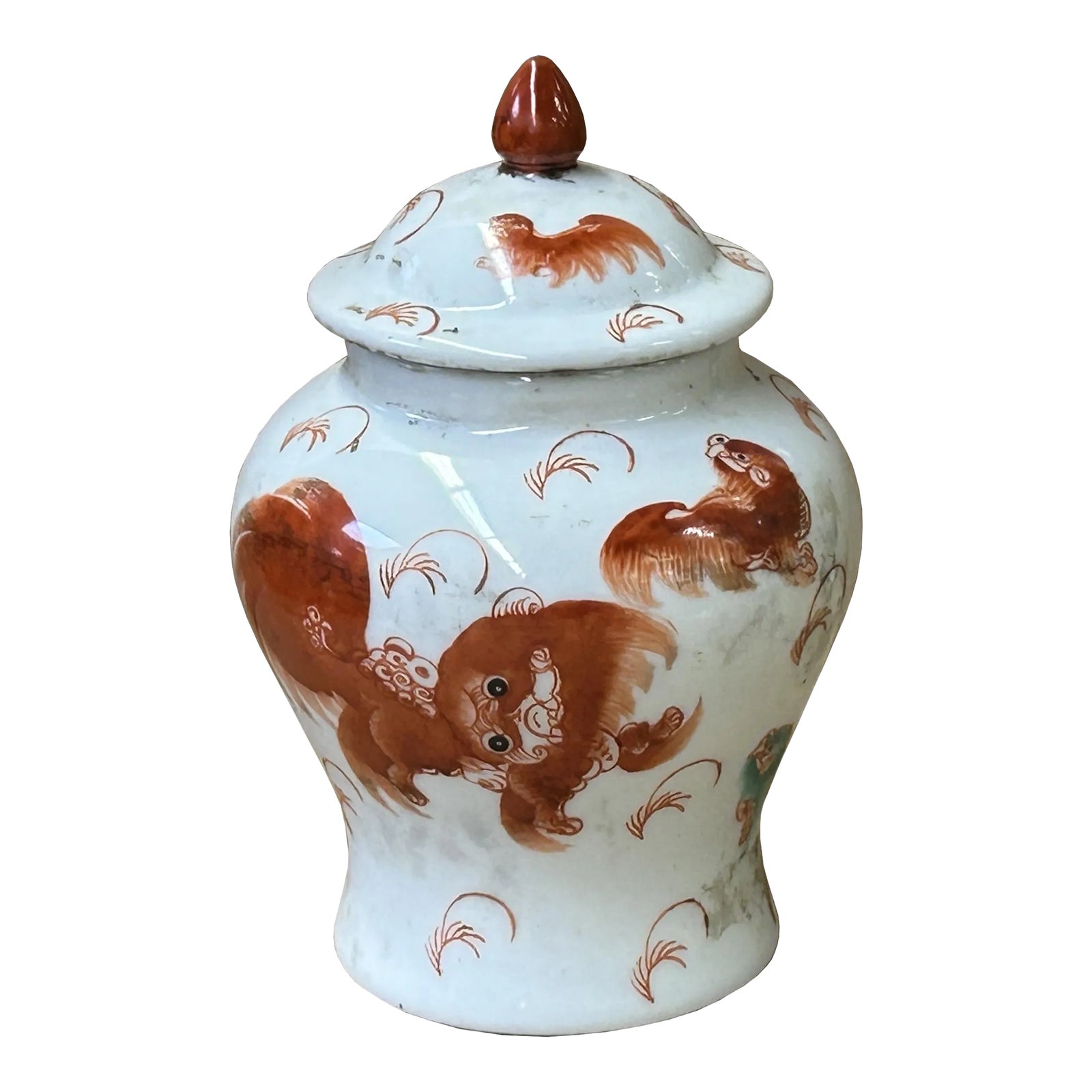Oriental Vintage White Base Orange Foo Dog Lion Graphic Porcelain Jar ...