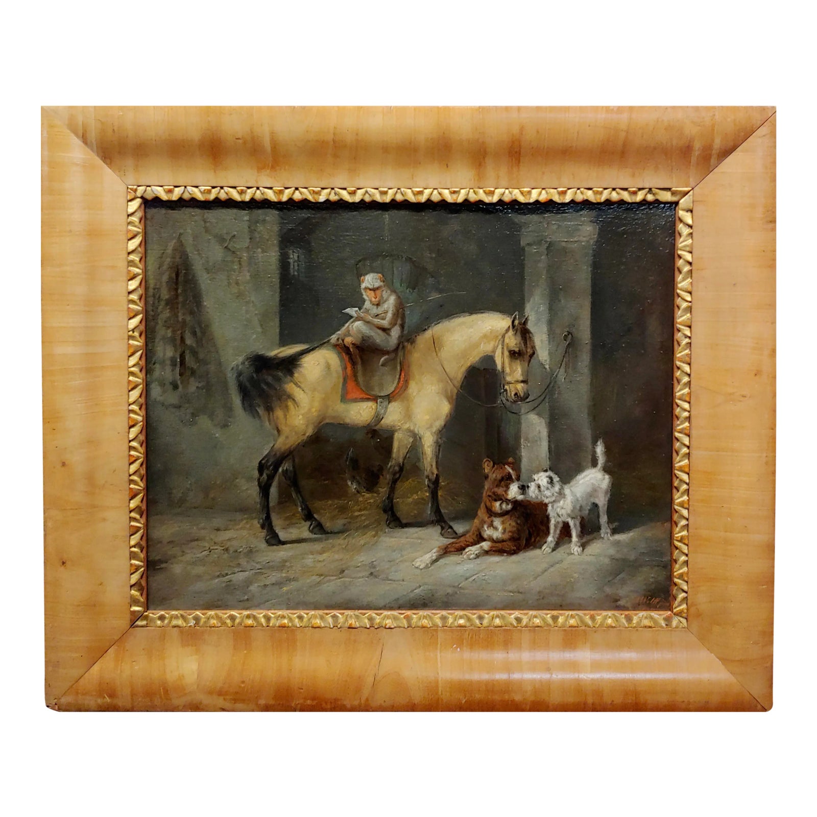 Albert Wolff -Monkey on Horse & Two Dogs -19th Century Oil Painting ...