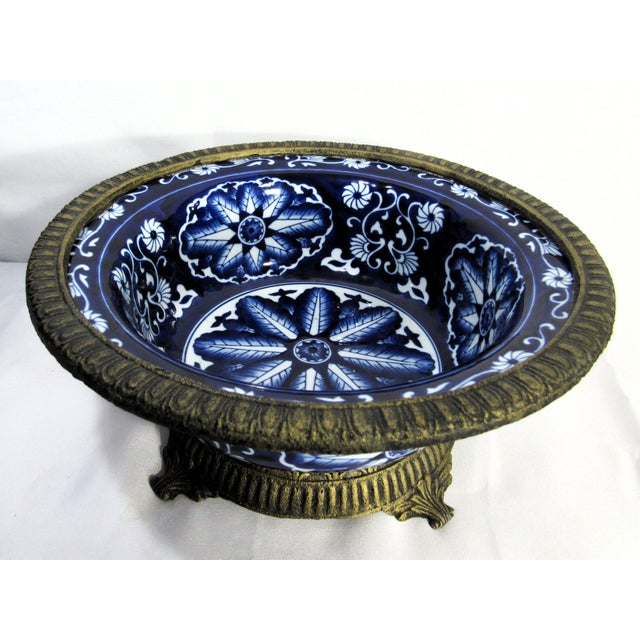 Vintage Bombay Co Blue + White Decorative Bowl + Metal Rim and Stand ...