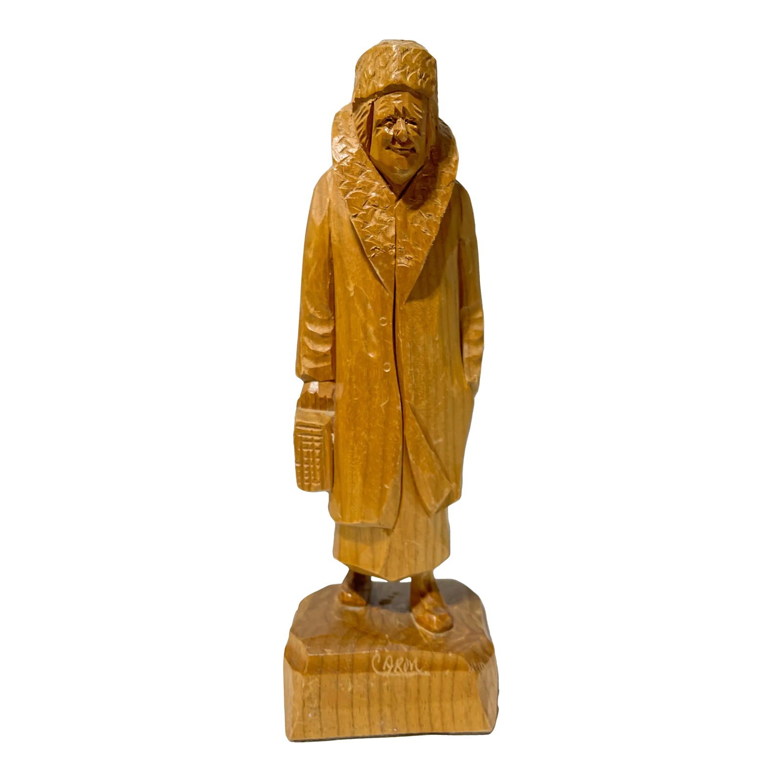 Vintage Folk Art Hand Carved Caron Mid-Century Wooden Woman Traveler ...